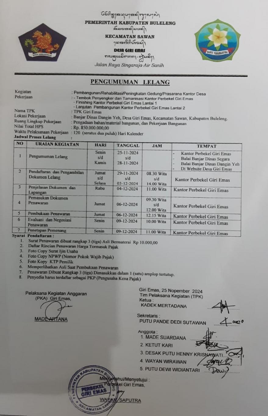 PENGUMUMAN LELANG - Website Desa Giri Emas
